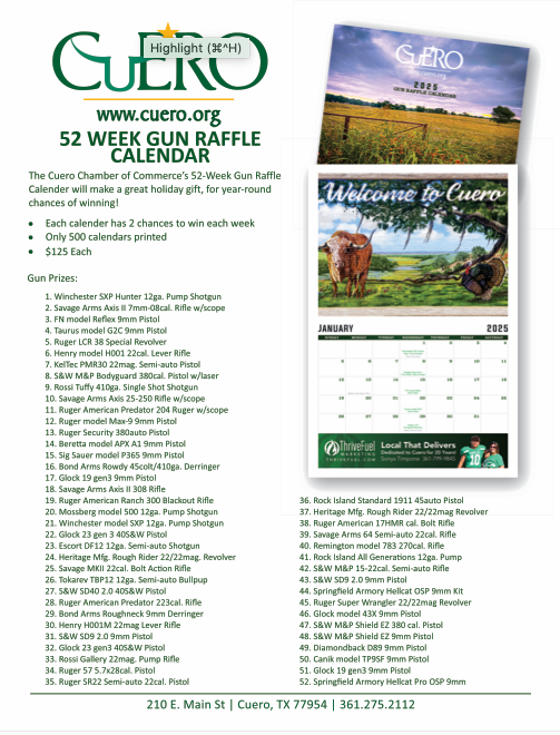 2025 Gun Raffle Calendar – Cuero Chamber of Commerce